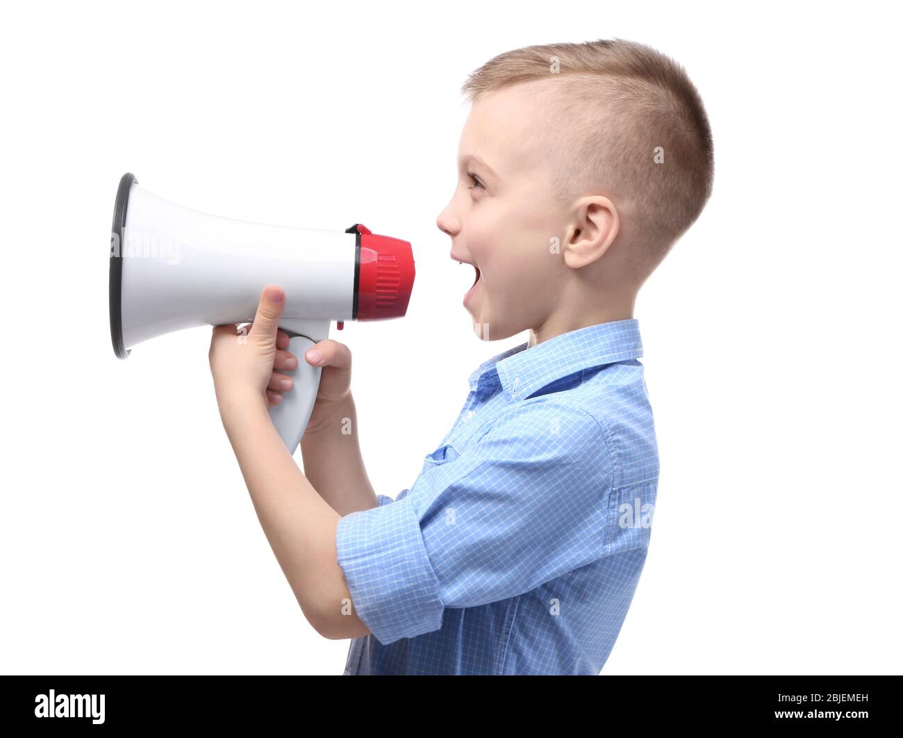 Cute little boy with megaphone on white background Stock Photo - Alamy