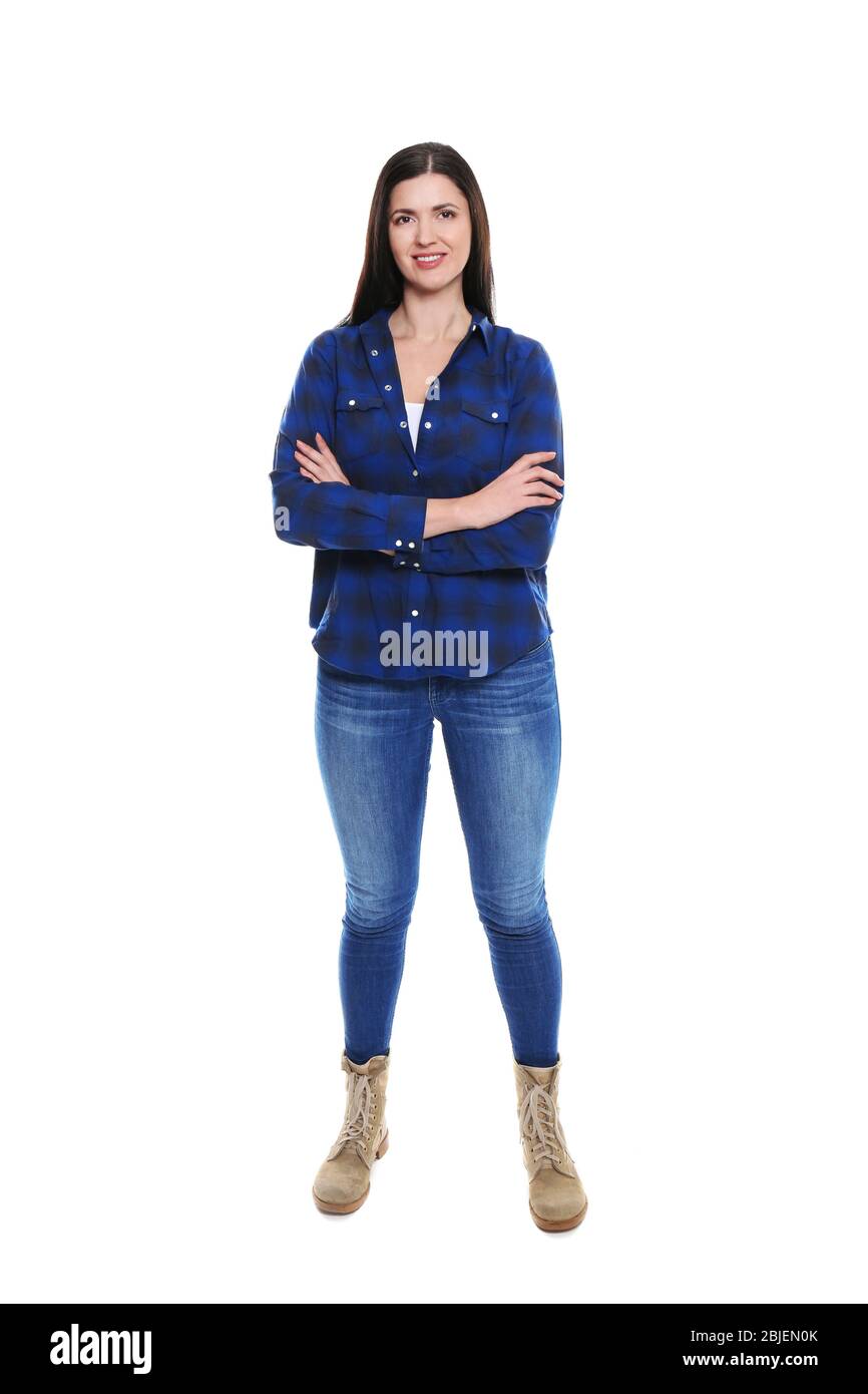 Long-haul truck driver on white background Stock Photo - Alamy