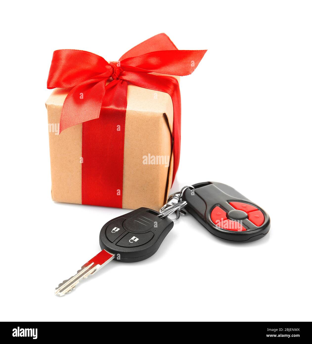 Car keys and gift box on white background Stock Photo - Alamy