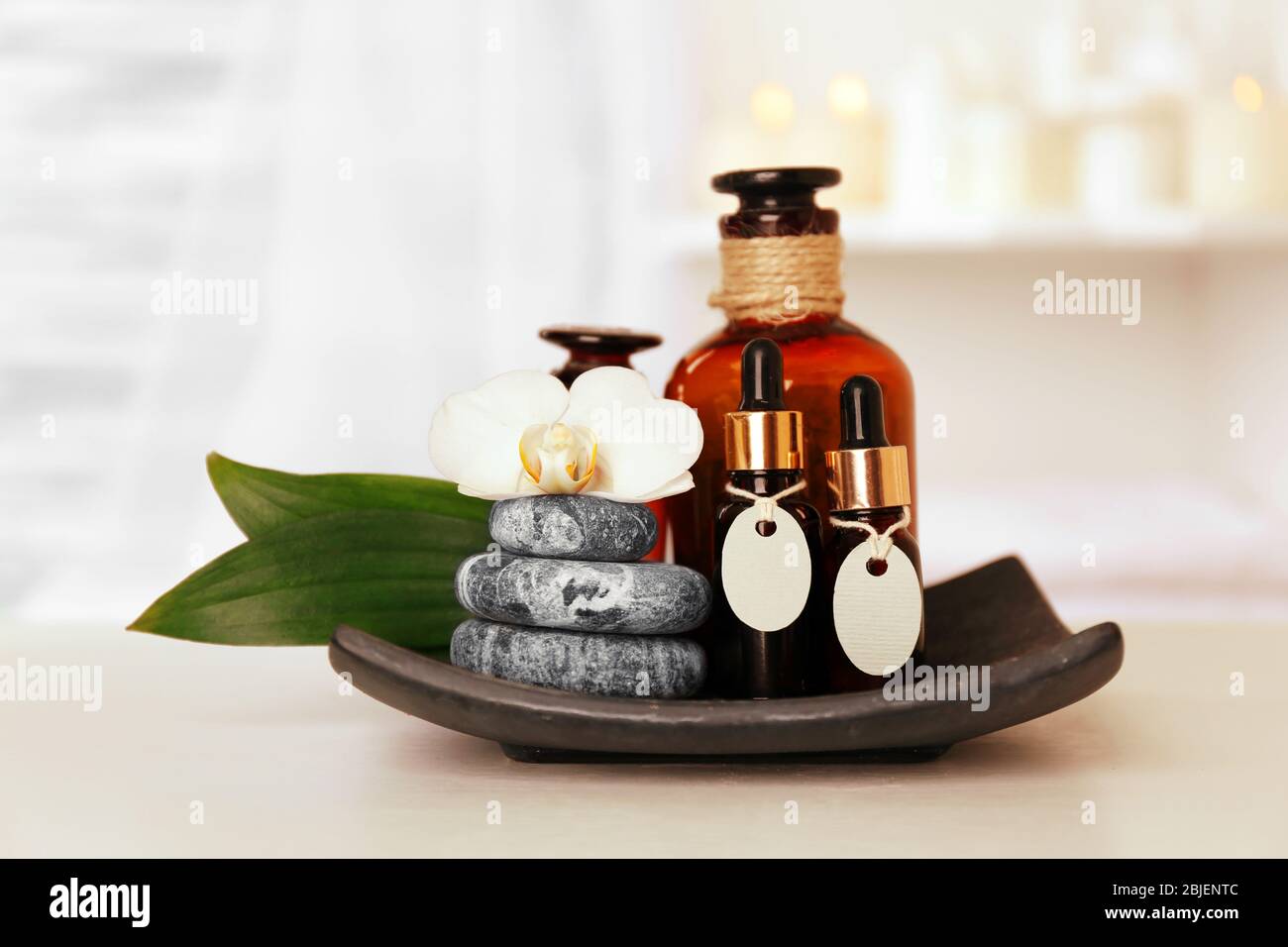 Plate with spa set on table Stock Photo - Alamy
