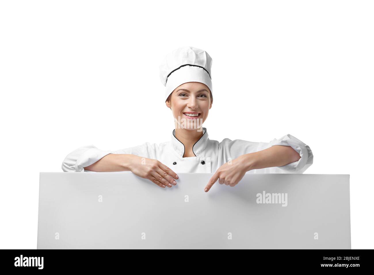 Portrait of female chef with poster isolated on white Stock Photo - Alamy