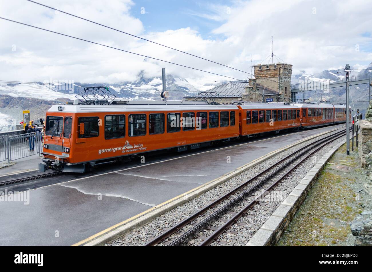 Gornergrat railway electric rack train at Gornergrat summit station on ...