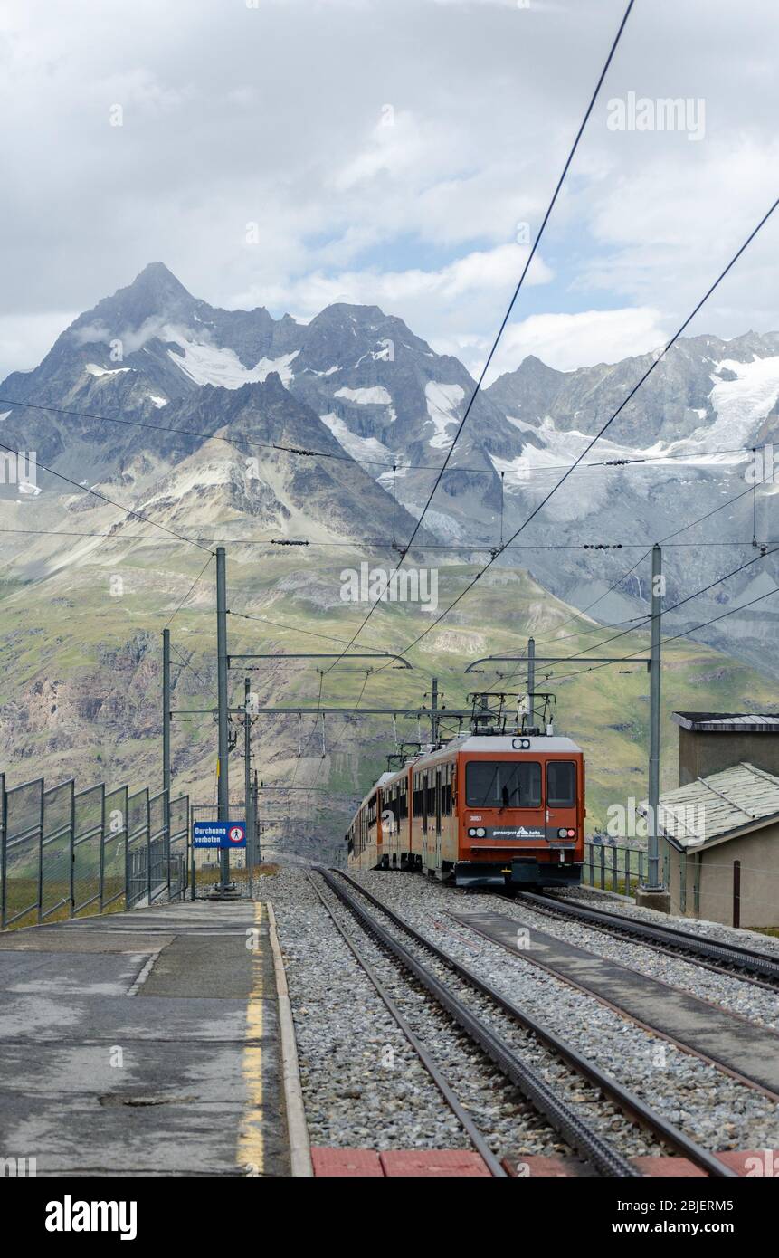 Gornergrat electric rack railway at Rotenboden railway station on a ...