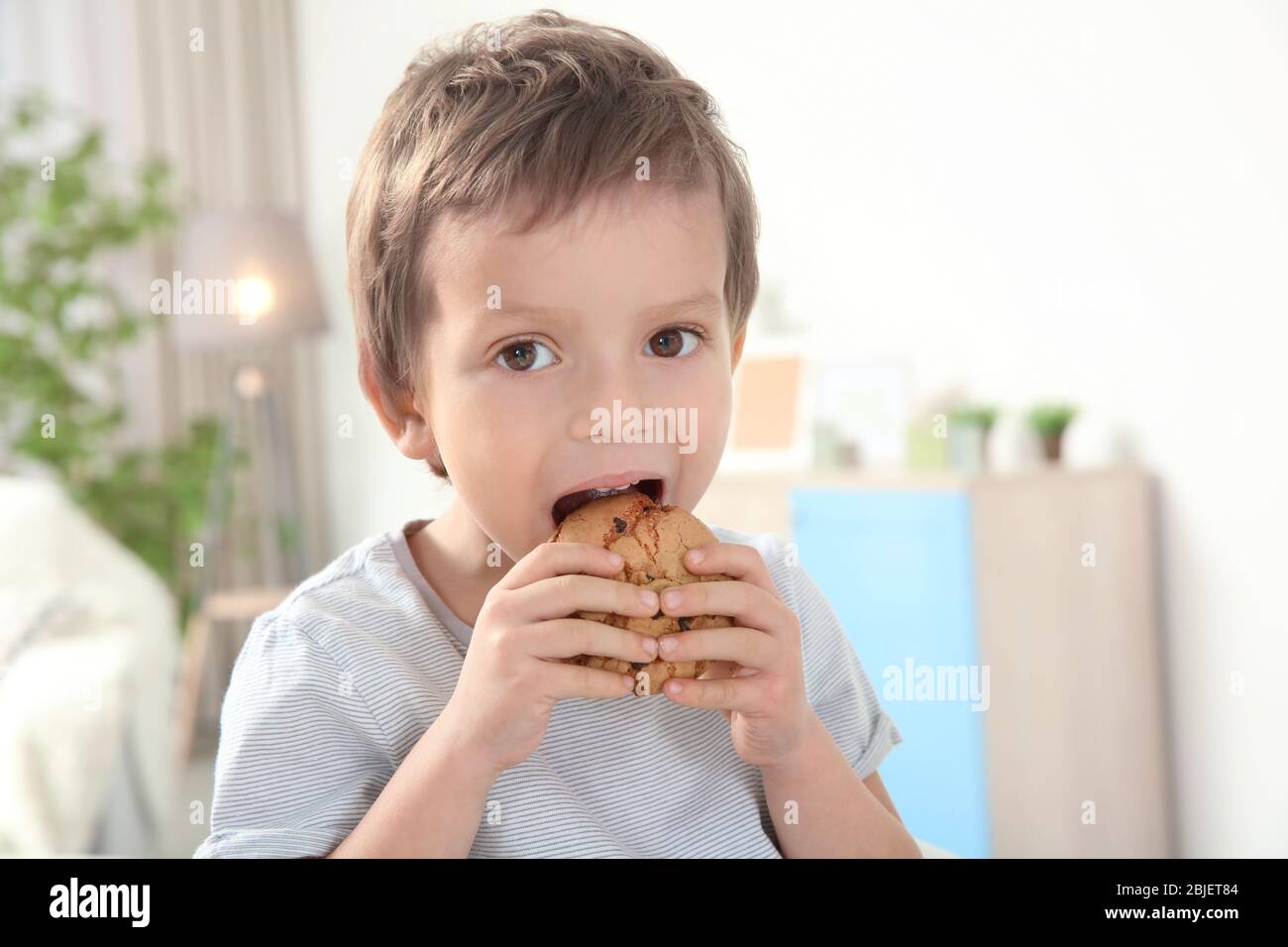 Cute boy eating cookie at home Stock Photo - Alamy