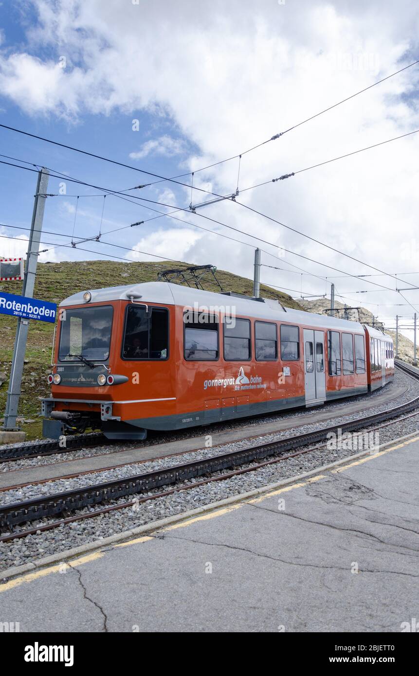 Gornergrat electric rack railway at Rotenboden railway station on a ...