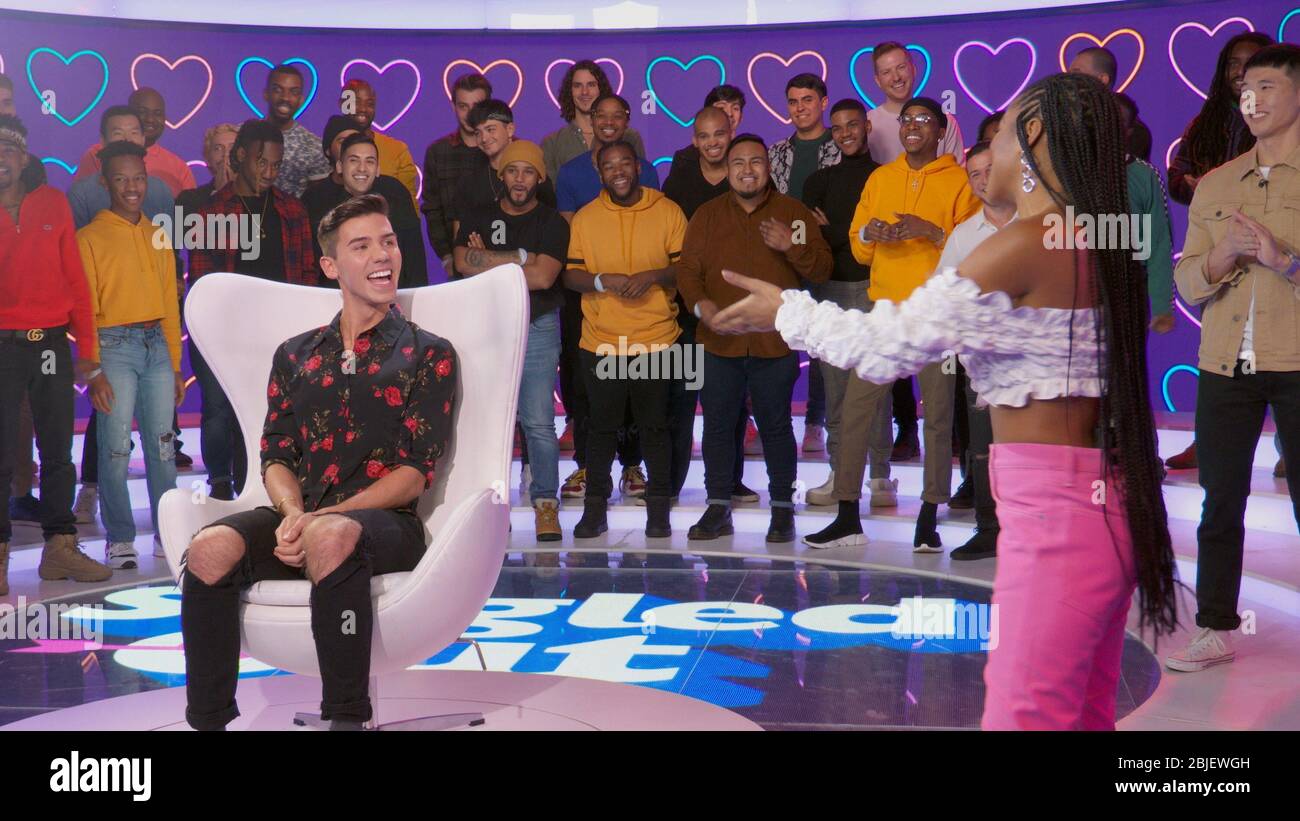 SINGLED OUT, front, from left: contestant (in chair), co-host Keke ...
