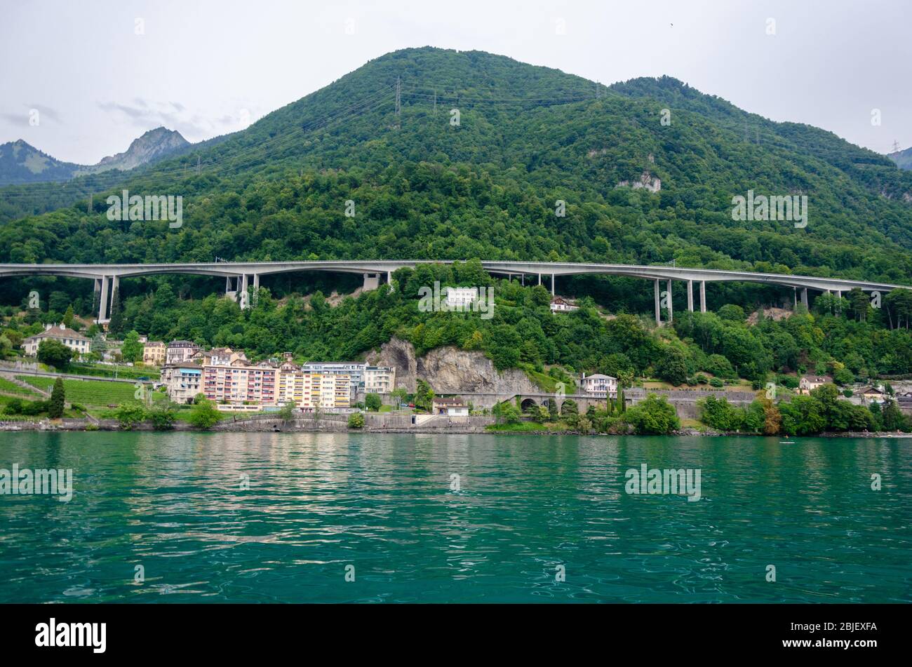 View of Lake Geneva and the Chillon motorway viaduct while on the ...