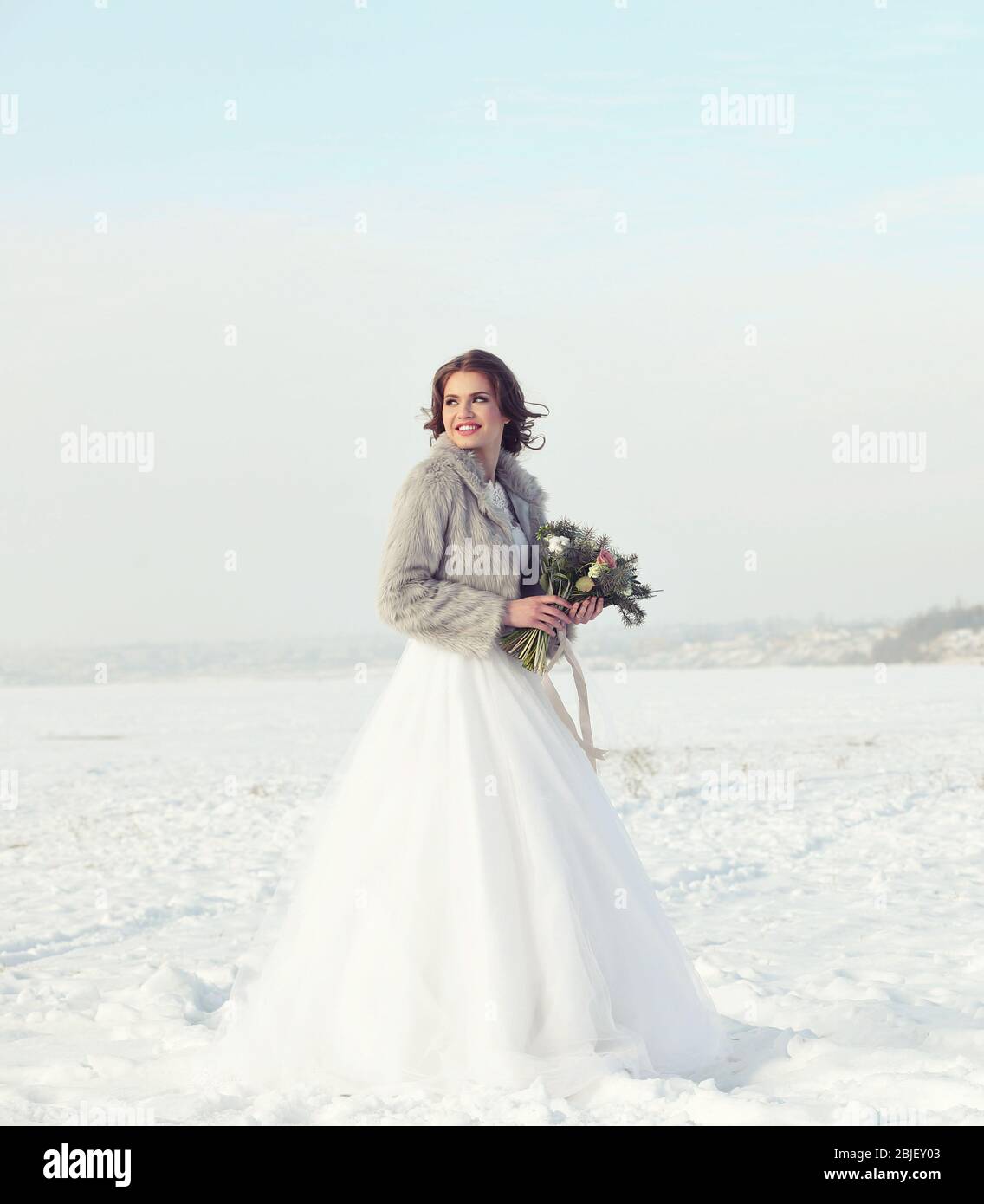 Beautiful bride with bouquet outdoors on winter day Stock Photo - Alamy