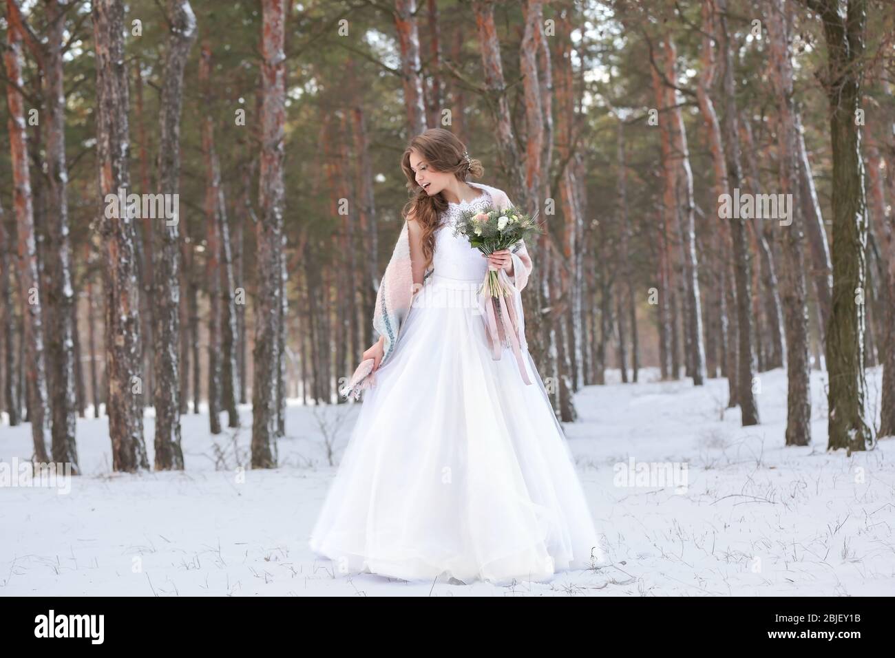 Beautiful bride with bouquet outdoors on winter day Stock Photo - Alamy