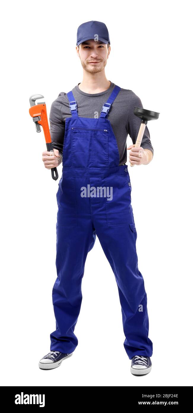 Young plumber holding pipe wrench and plunger on white background Stock ...