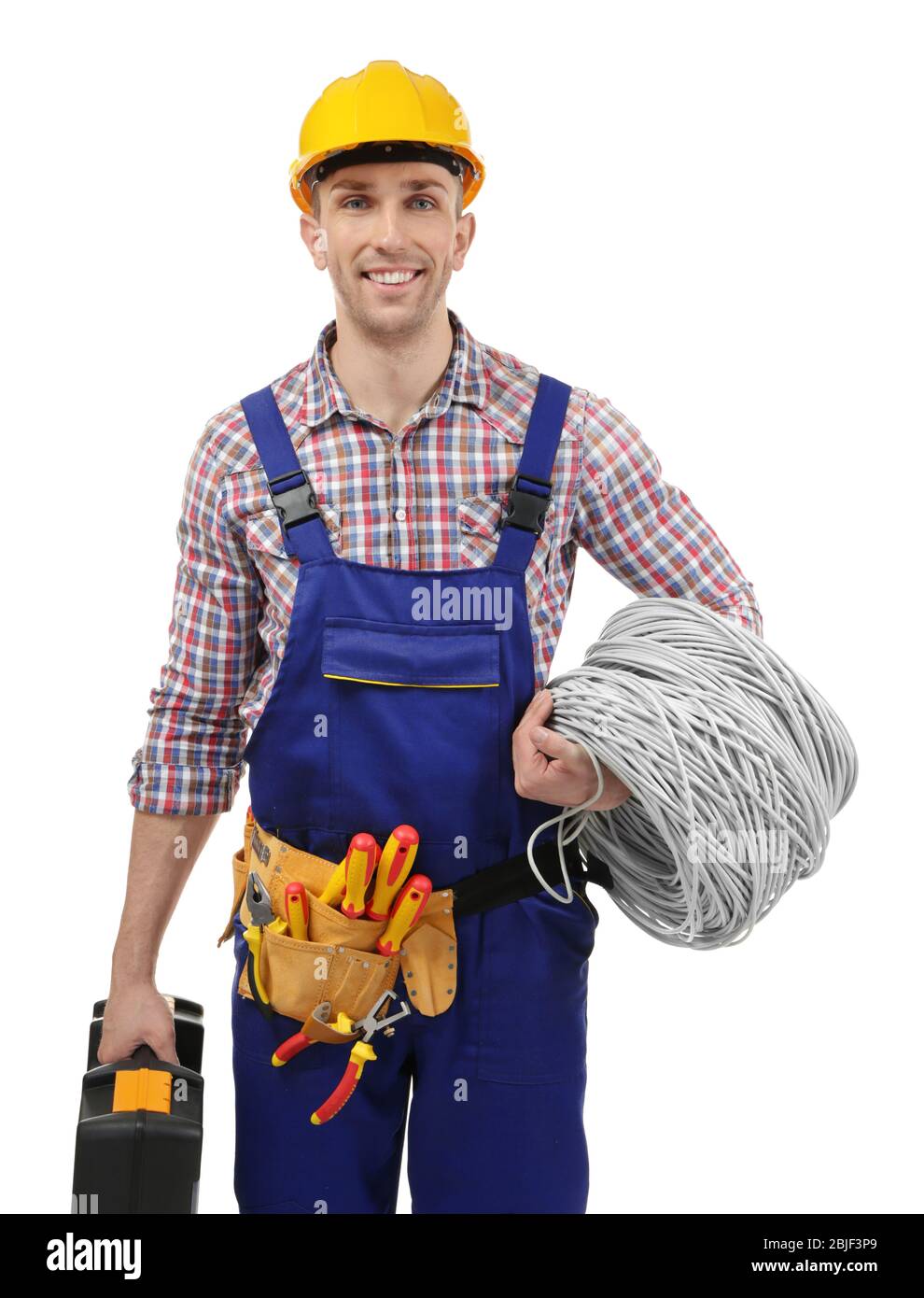 Young electrician with tools and wires on white background Stock Photo ...