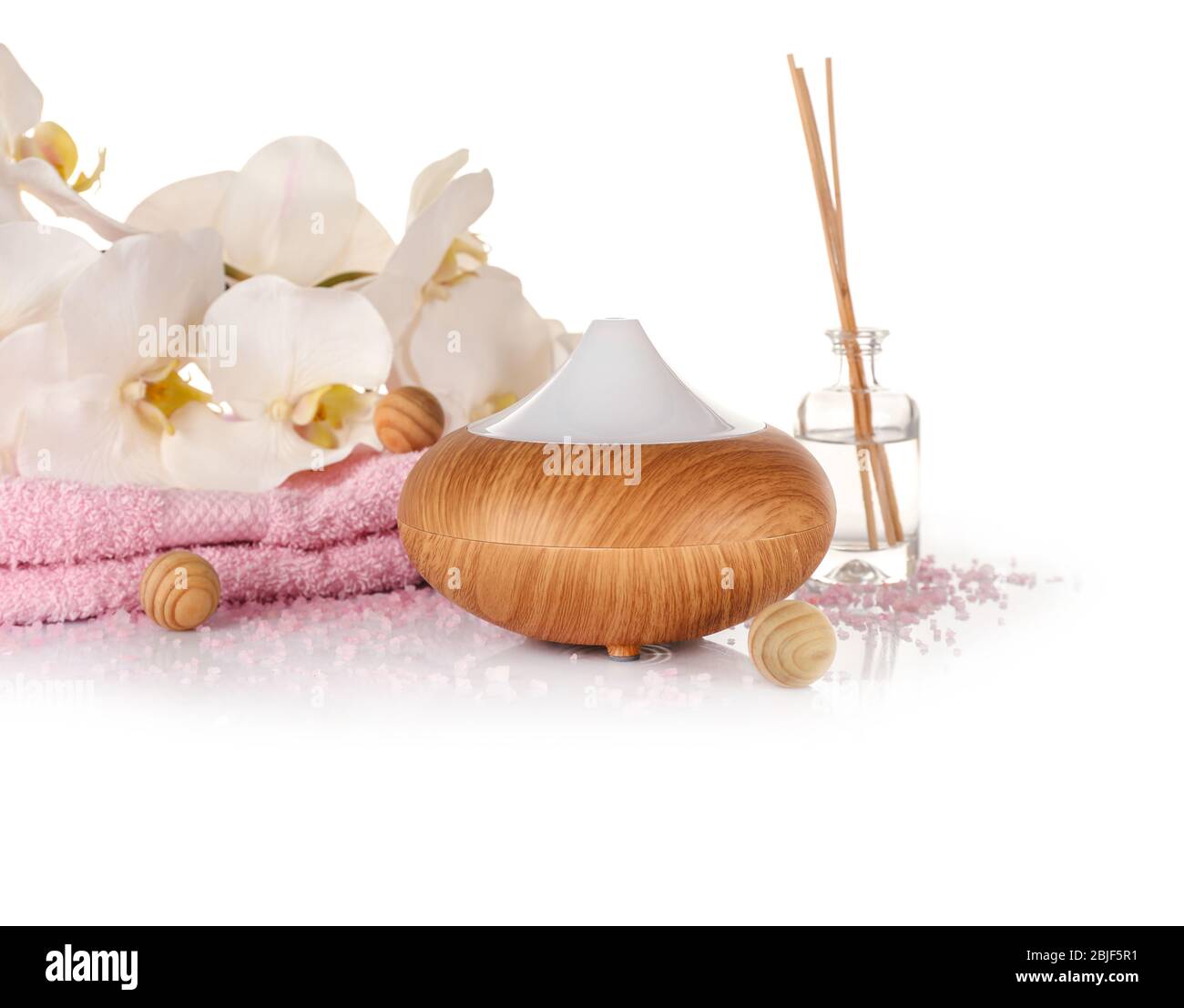 Aroma oil diffuser and spa set on white background Stock Photo - Alamy