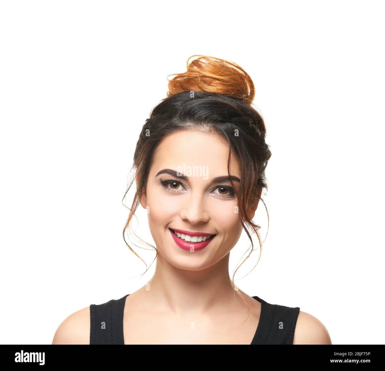 Beautiful young woman with modern hairstyle isolated on white Stock ...