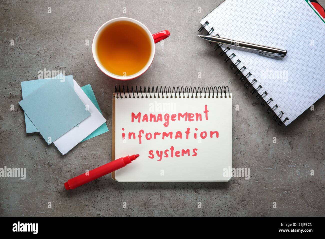 Notebook with written text MANAGEMENT INFORMATION SYSTEMS on texture ...