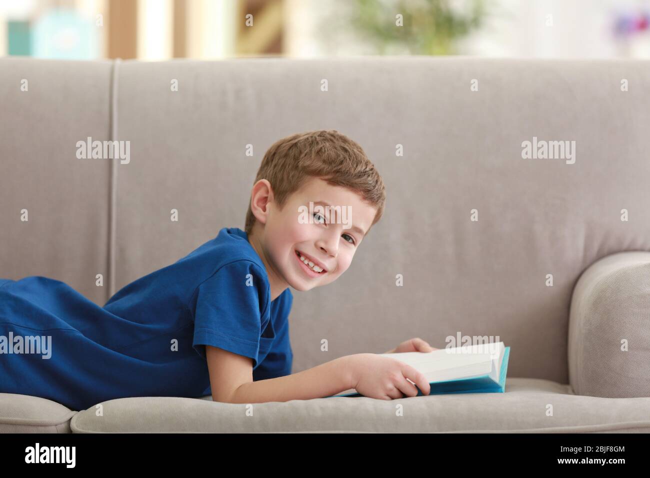 Little boy reading book on sofa indoors Stock Photo - Alamy