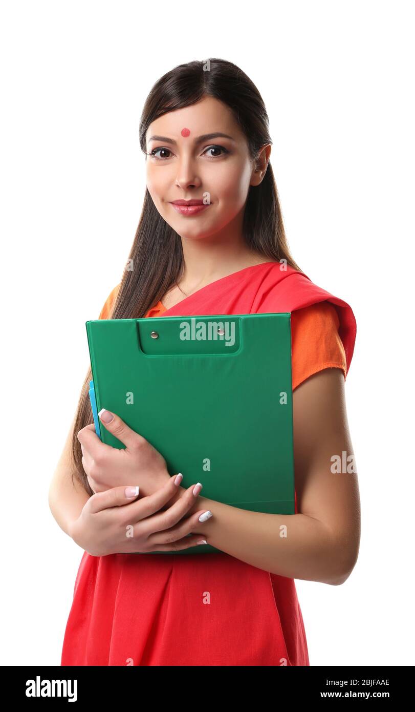 Portrait of Indian female teacher isolated on white Stock Photo - Alamy