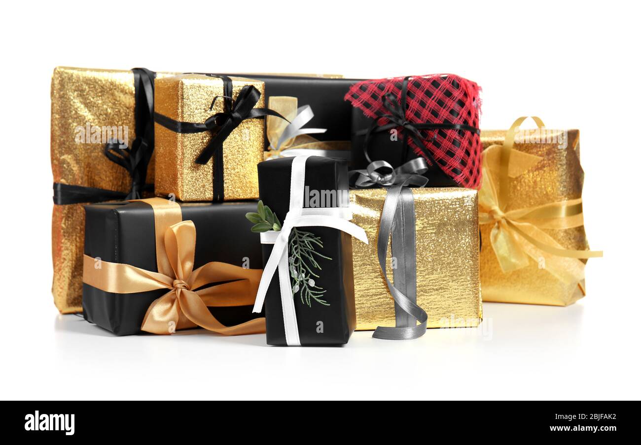 Set of different gift boxes on white background Stock Photo - Alamy