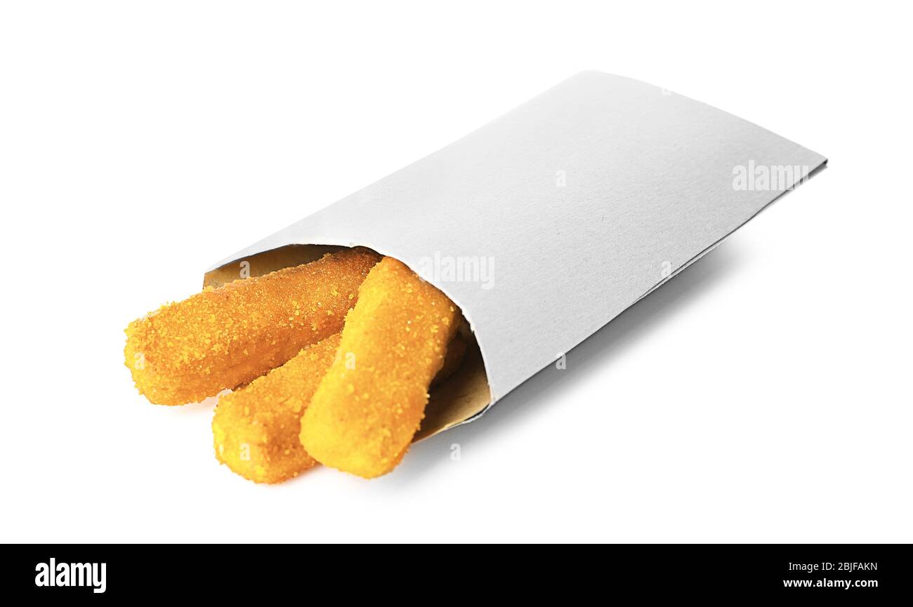 Paper bag with cheese sticks on white background Stock Photo - Alamy