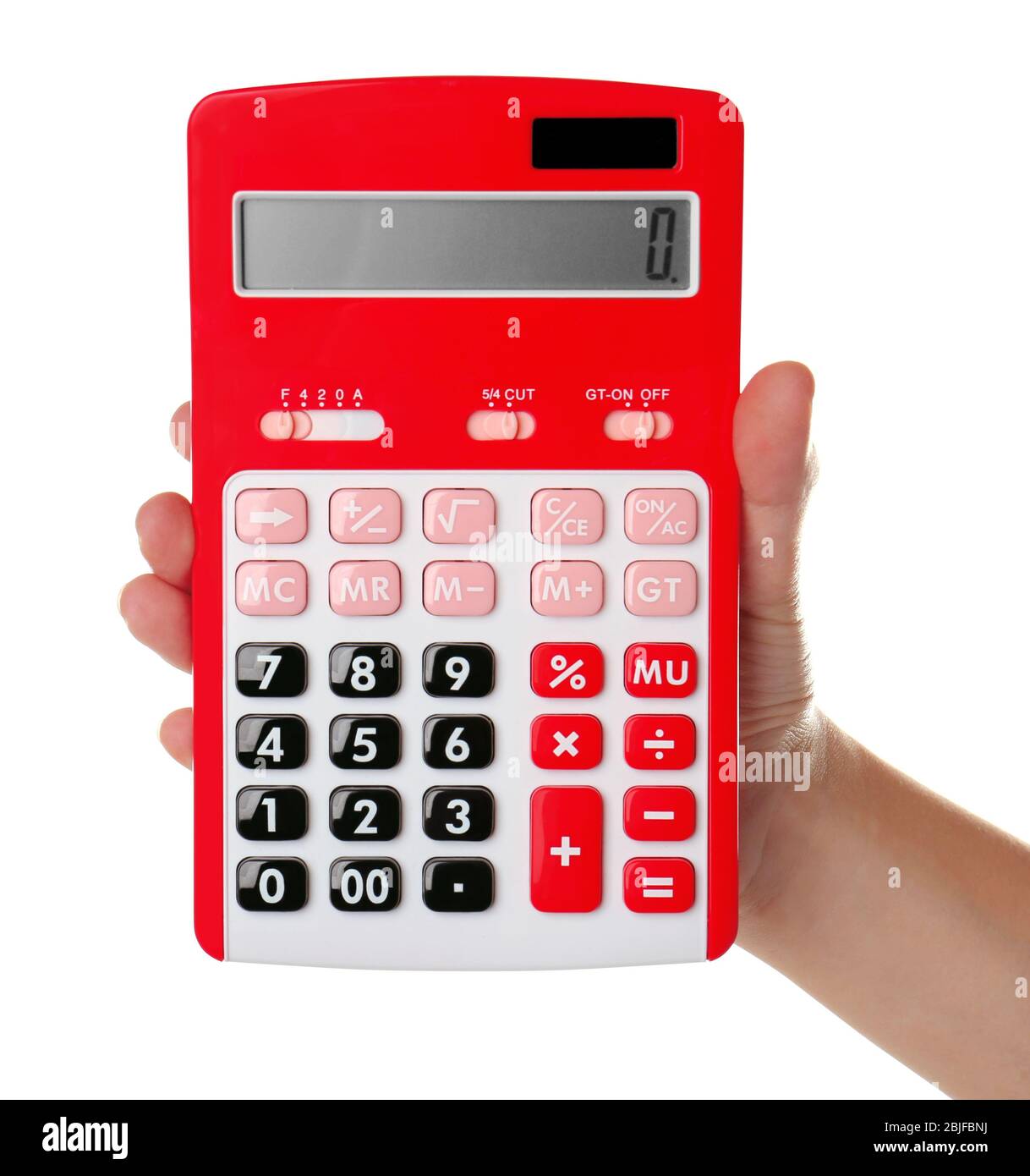 Hand holding red calculator on white background Stock Photo - Alamy