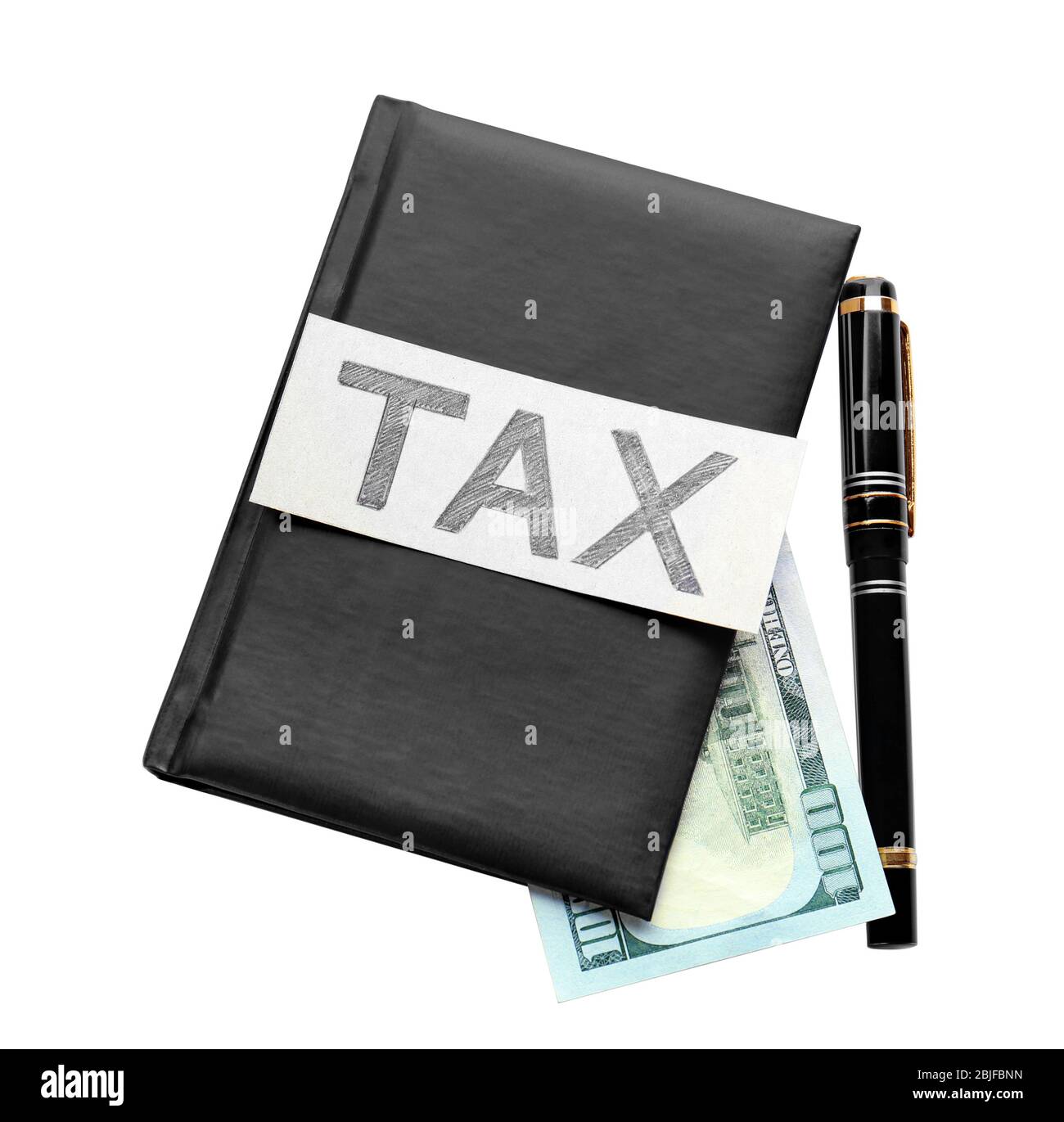 Paper sheet with text TAX and notepad with banknotes on white ...