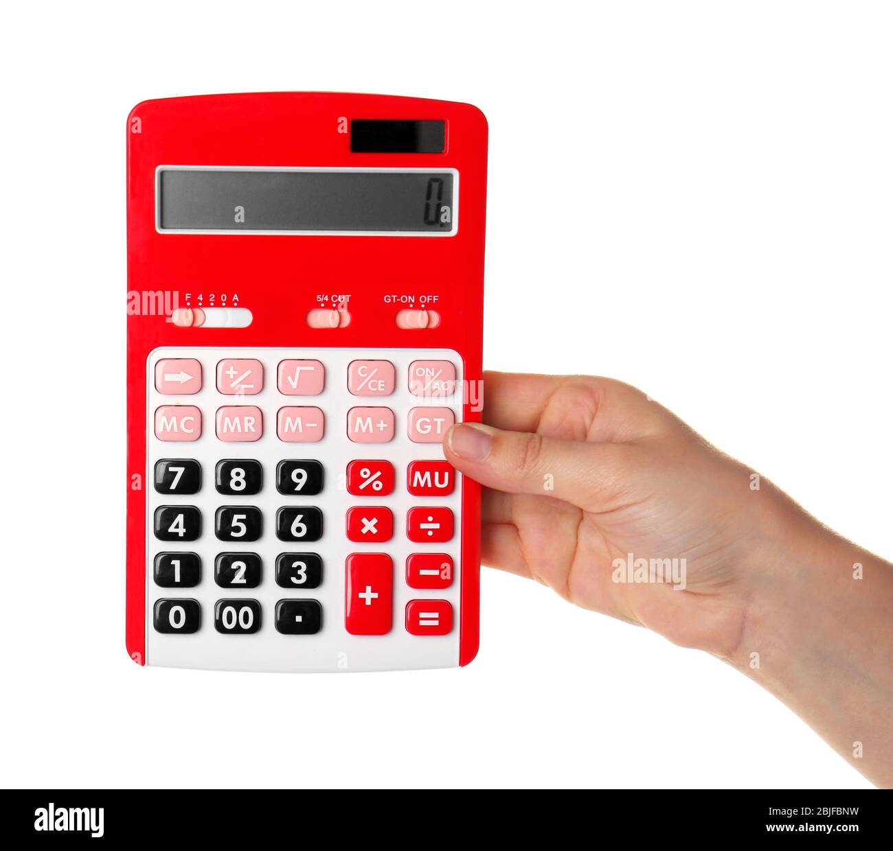 Hand holding red calculator on white background Stock Photo - Alamy