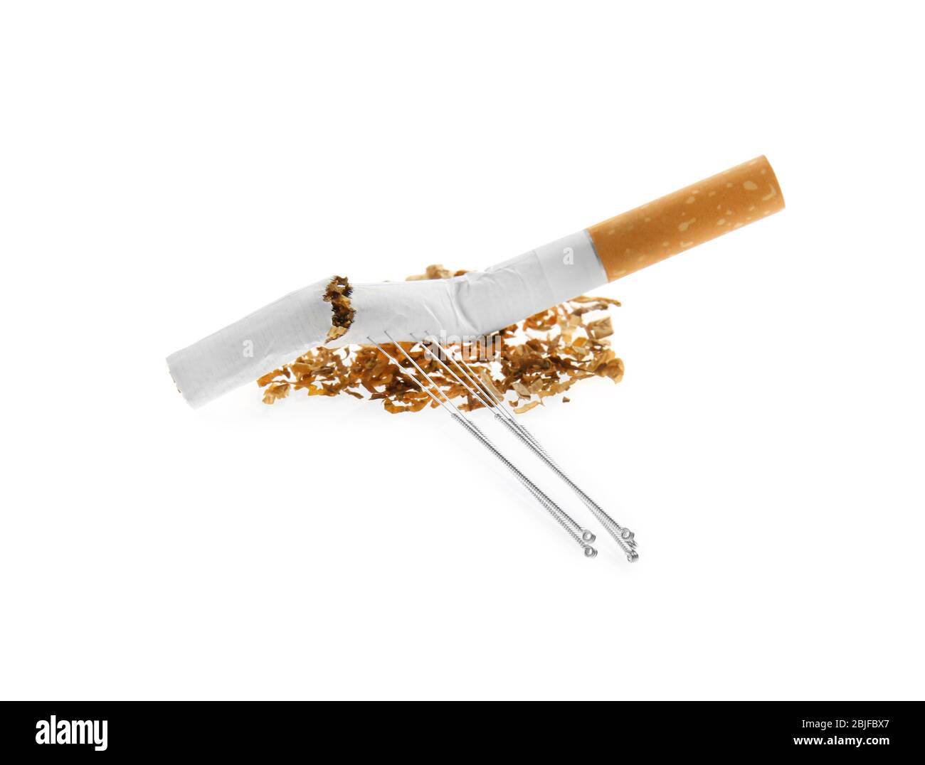 Cigarette with needles and tobacco on white background Stock Photo - Alamy