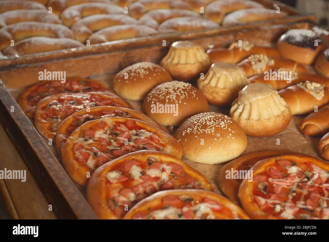 Wooden pallets with bakery products Stock Photo - Alamy