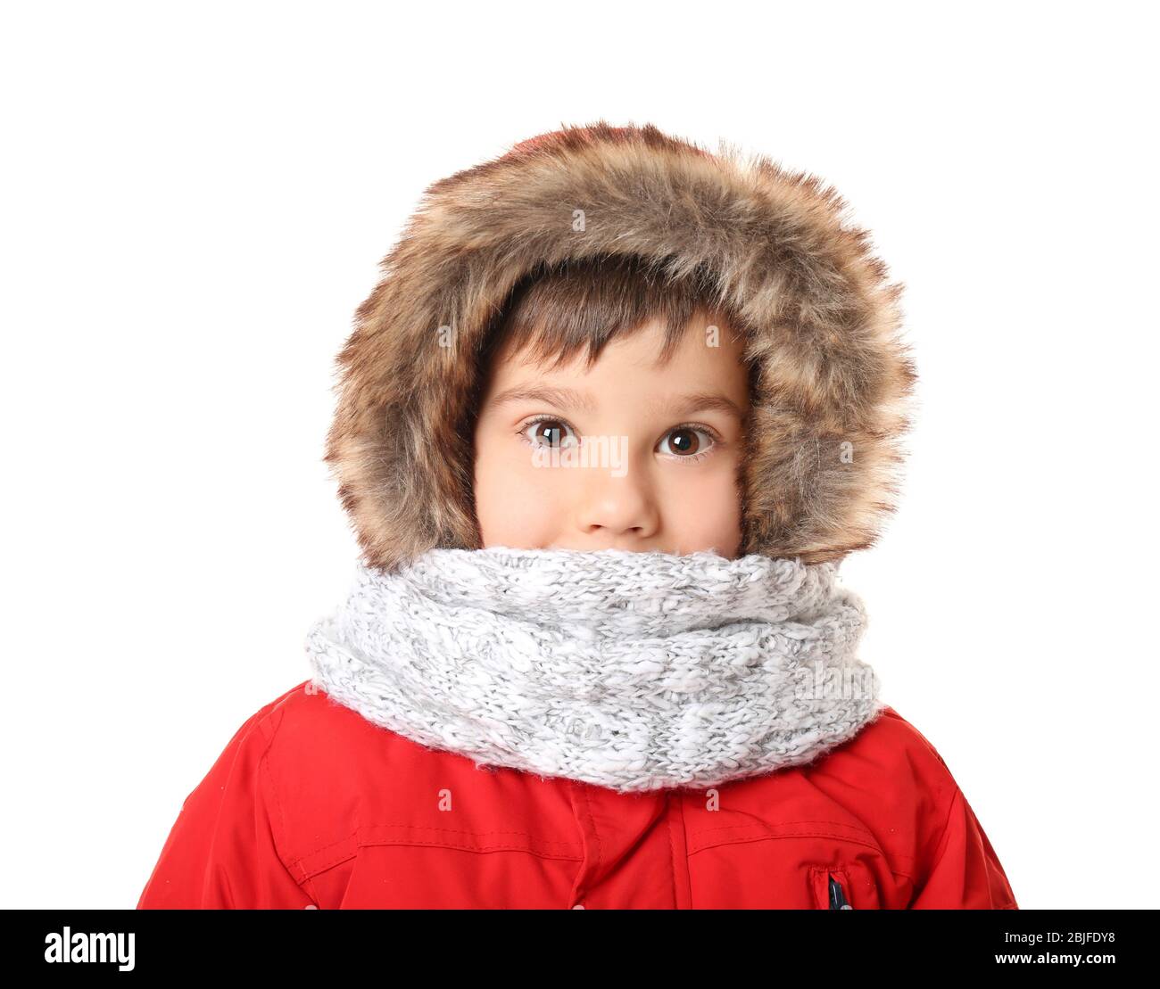 Cute little boy in warm clothes on white background Stock Photo - Alamy