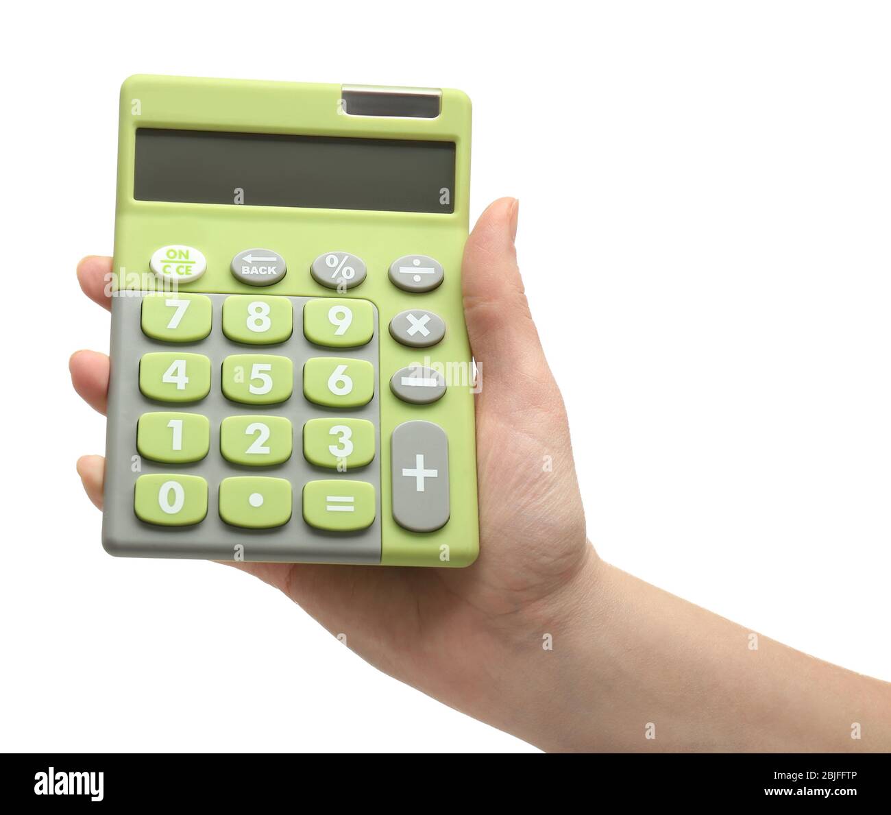 Female hand holding calculator, isolated on white Stock Photo - Alamy