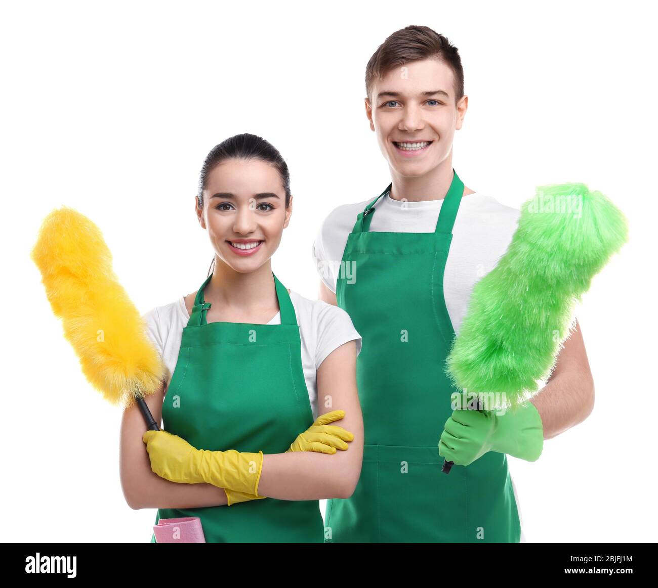 Service team with cleaning tools on white background Stock Photo - Alamy