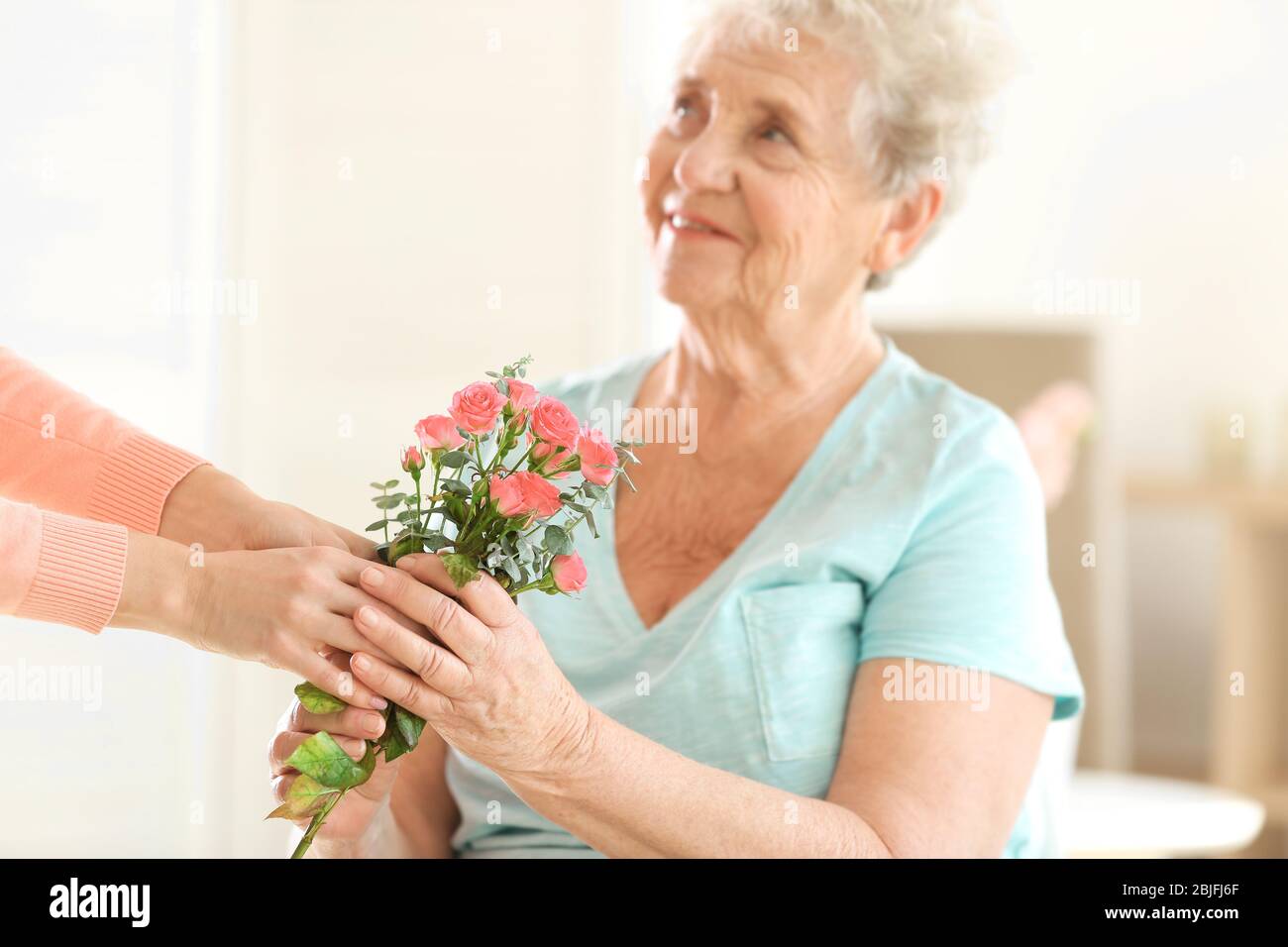 Female hands giving flowers to old woman Stock Photo - Alamy