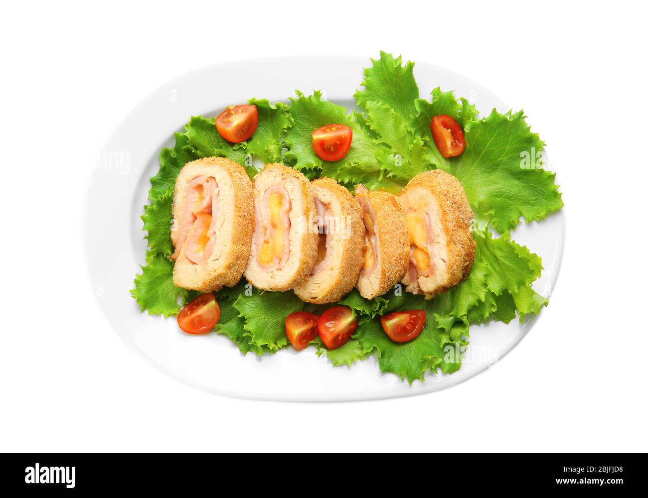 Plate with tasty chicken sliced roll on white background Stock Photo ...