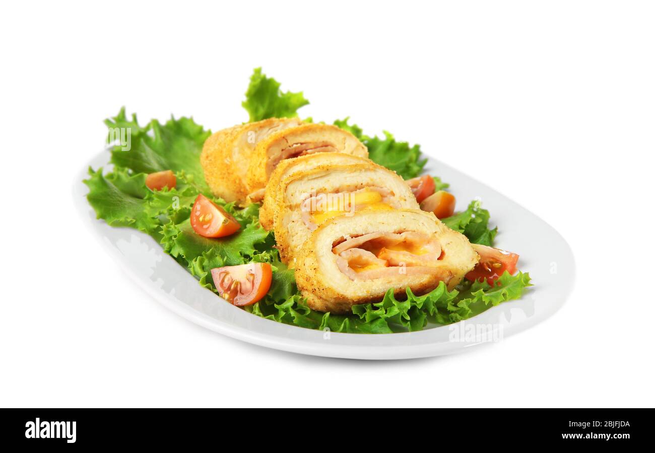 Plate with tasty chicken sliced roll on white background Stock Photo ...