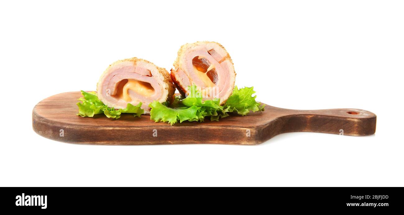 Wooden board with tasty chicken sliced roll on white background Stock ...
