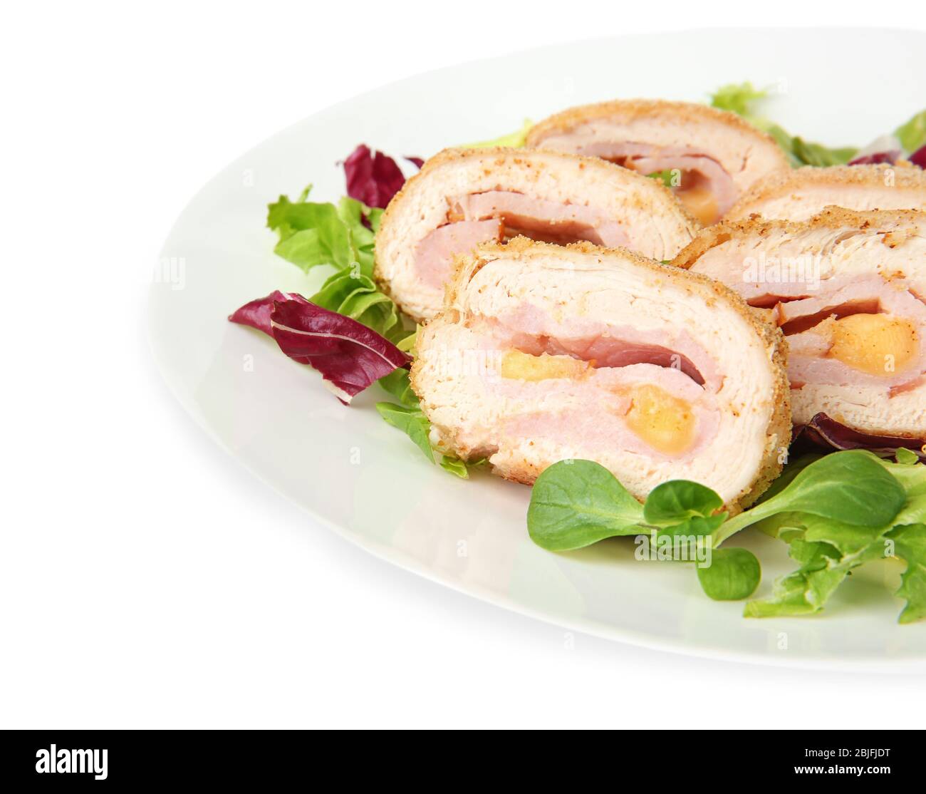 Plate with tasty chicken sliced roll on white background Stock Photo ...