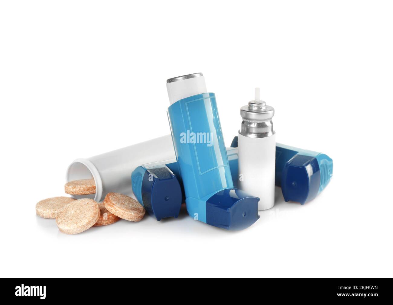 Asthma inhalers and medicine on white background Stock Photo - Alamy