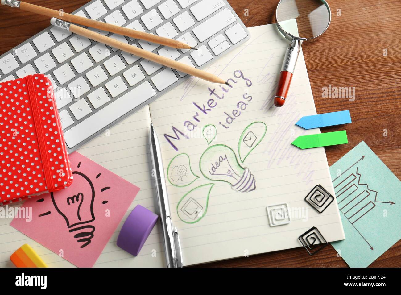 Text MARKETING IDEAS and drawing of light bulb in notebook Stock Photo ...