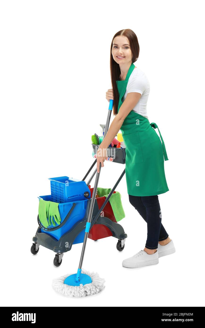 Beautiful woman with cleaning tools, isolated on white Stock Photo - Alamy