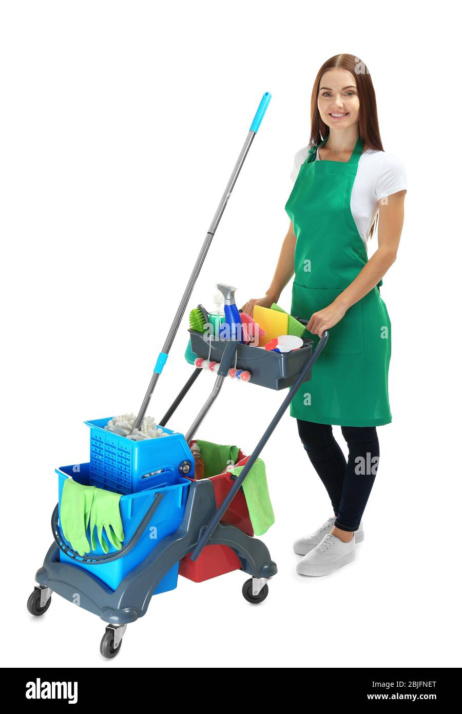 Beautiful woman with cleaning tools, isolated on white Stock Photo - Alamy