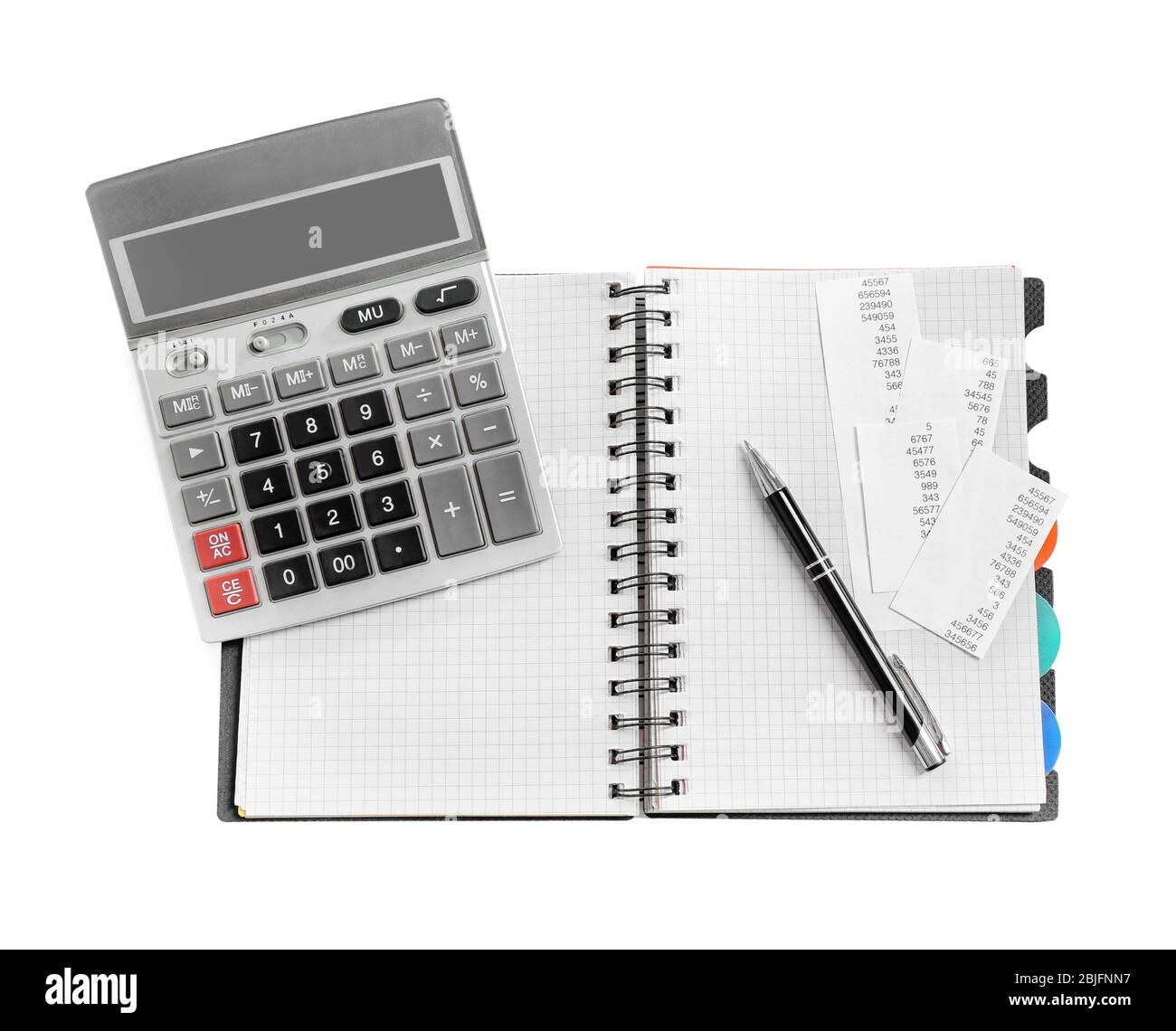 Gray calculator and notebook on white background Stock Photo - Alamy