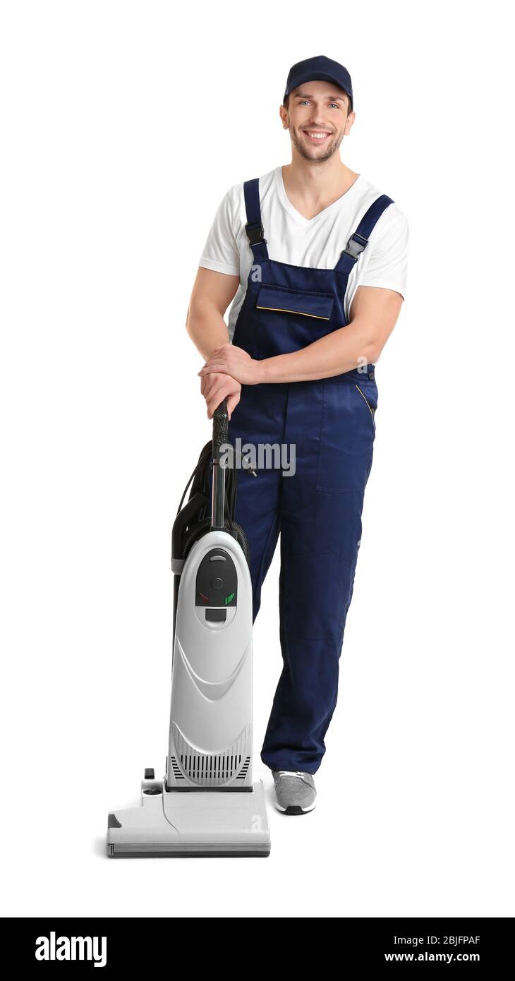 Dry cleaner's employee with special equipment on white background Stock ...