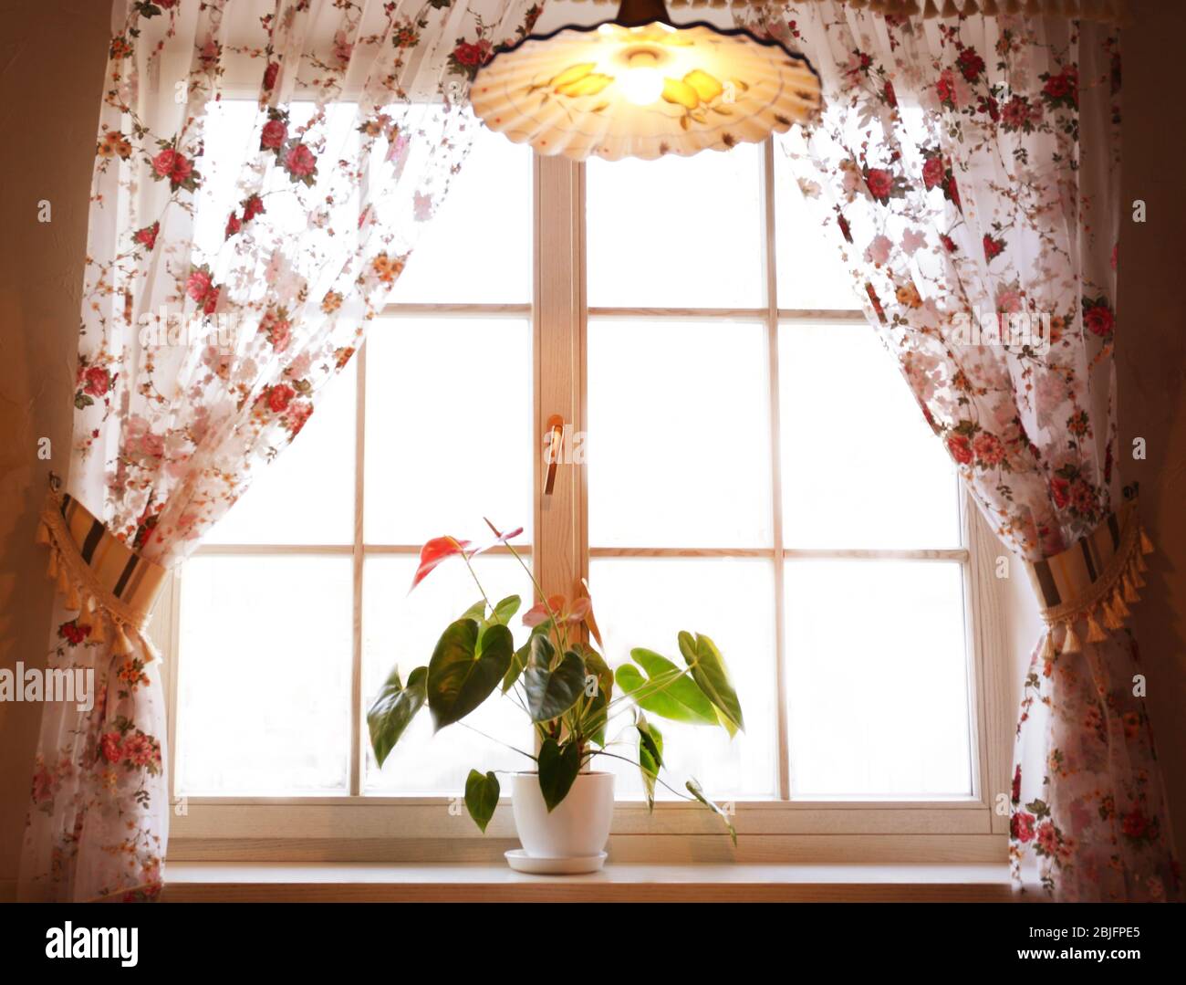 Large wooden window with beautiful curtains in sunny day Stock Photo ...