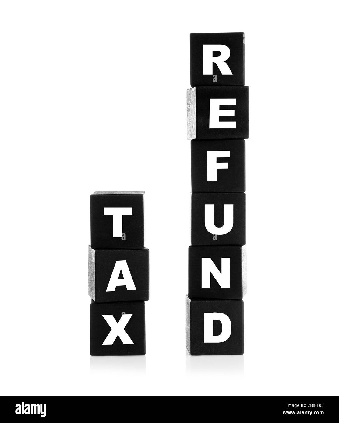 Wooden cubes on white background. Concept tax refund Stock Photo - Alamy