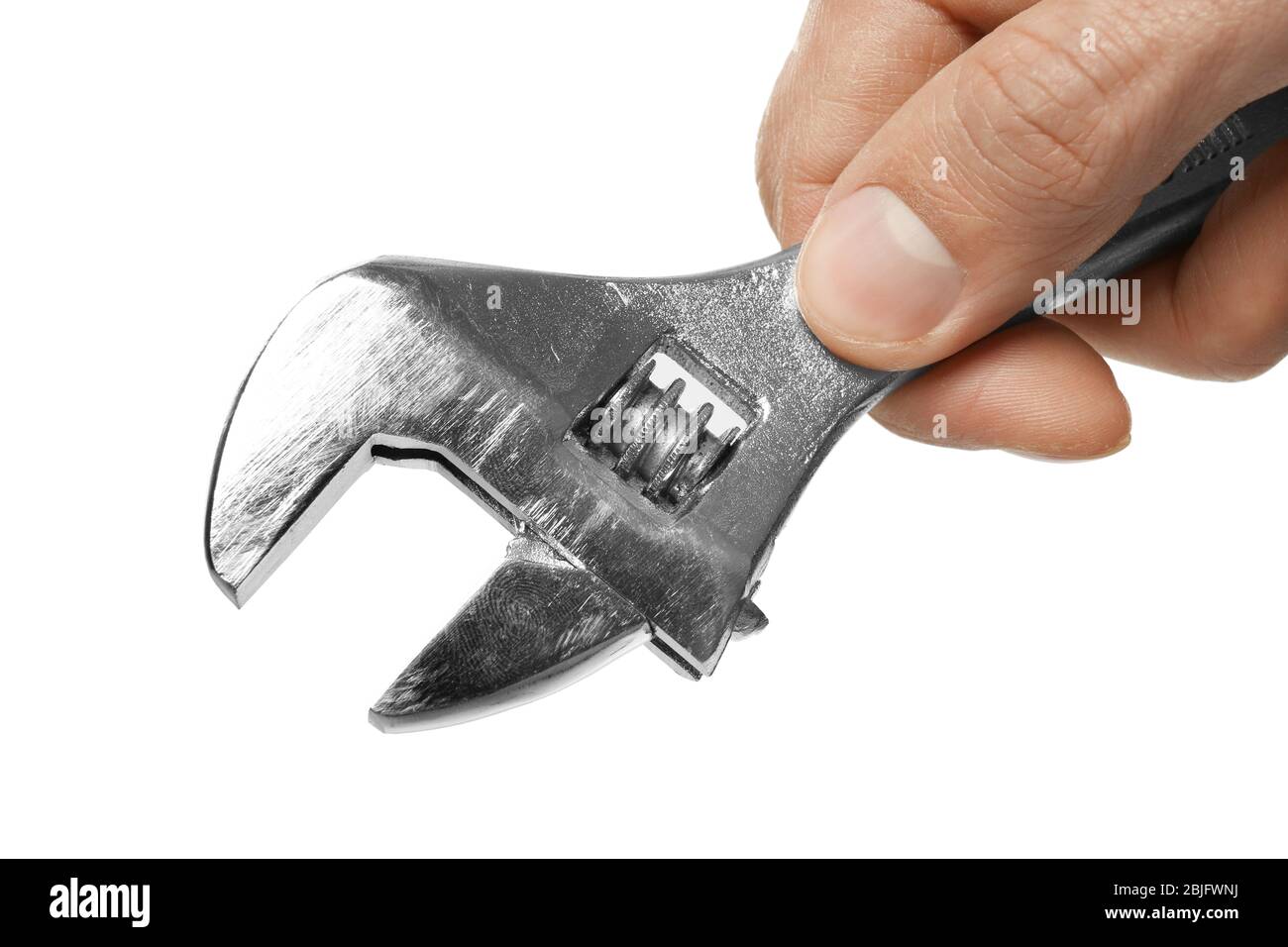 Hand of auto mechanic with wrench on white background, closeup Stock ...