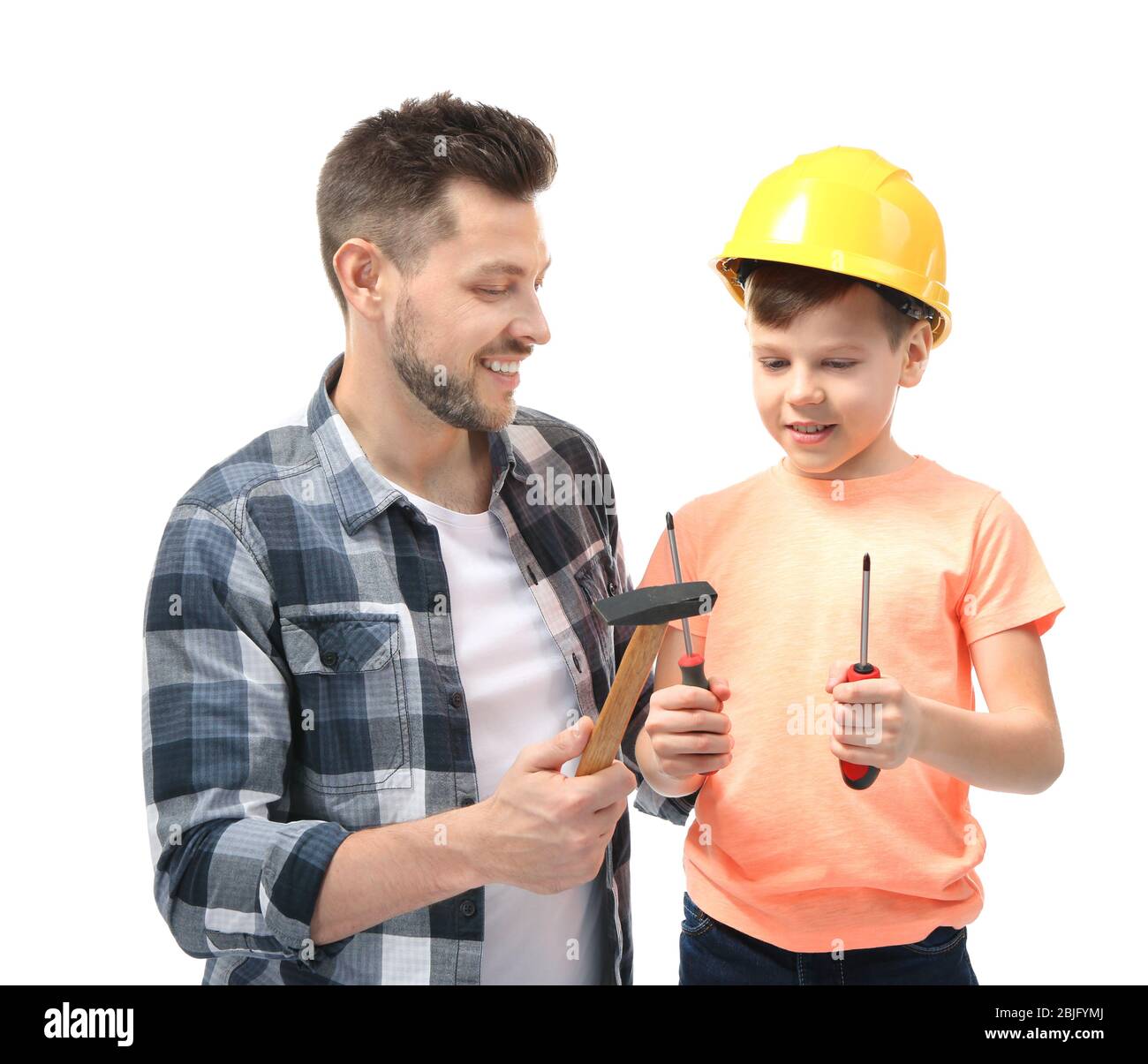 Father and son on white background Stock Photo - Alamy