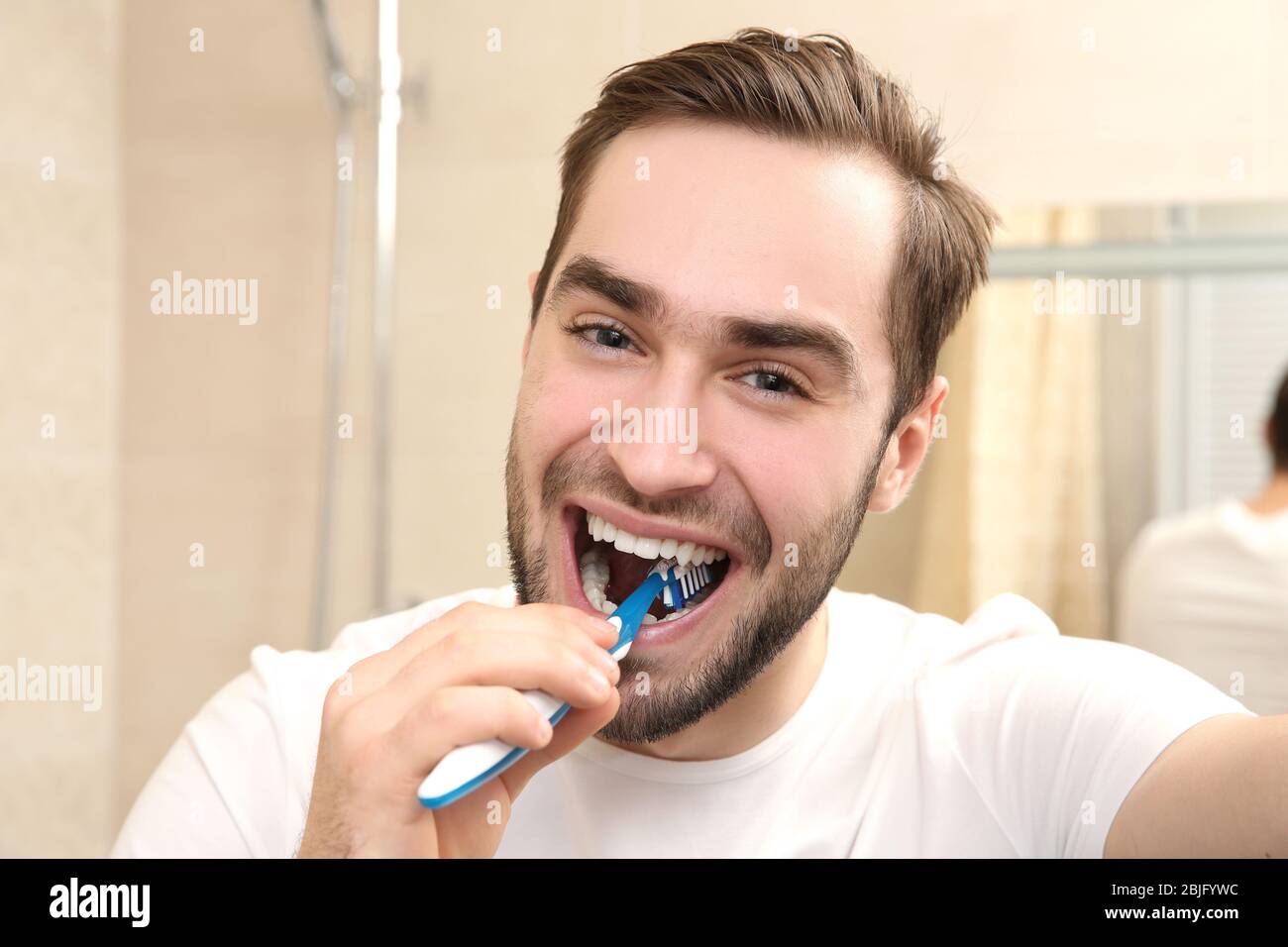 Handsome man brushing teeth in bathroom Stock Photo - Alamy