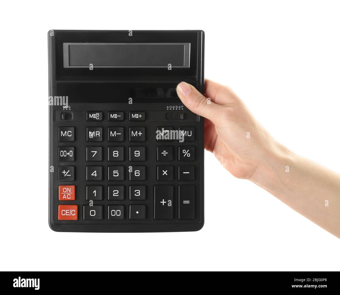 Female hand holding calculator on white background Stock Photo - Alamy