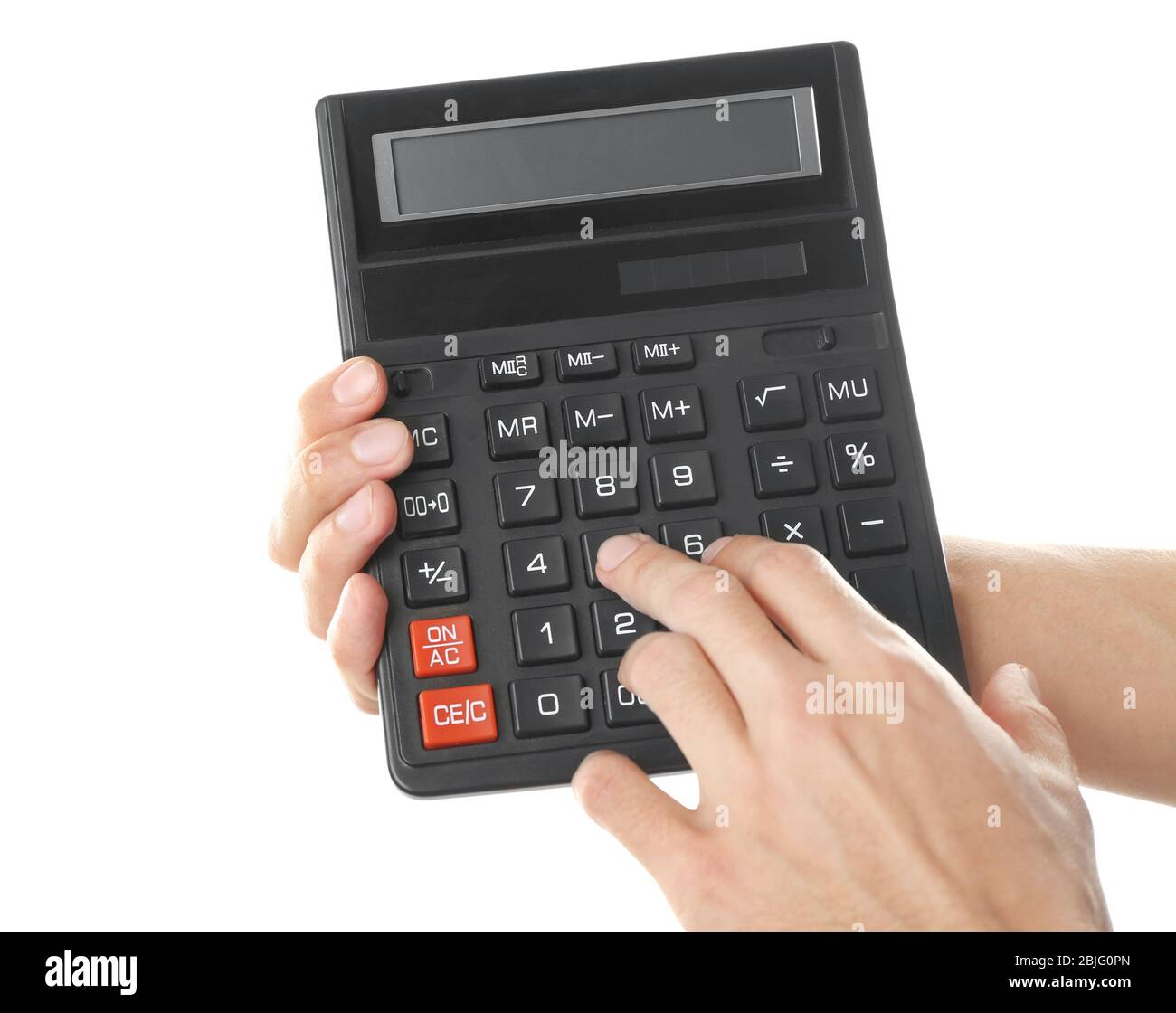 Male hands with calculator on white background Stock Photo - Alamy