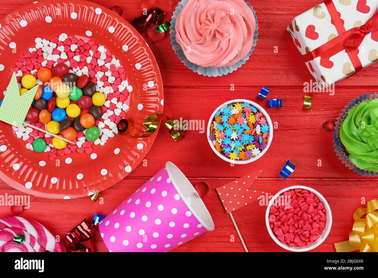 Bright birthday background with sweets and decorations Stock Photo - Alamy