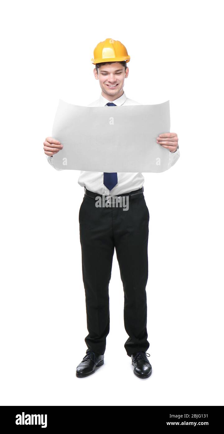 Young engineer holding blueprint on white background Stock Photo - Alamy